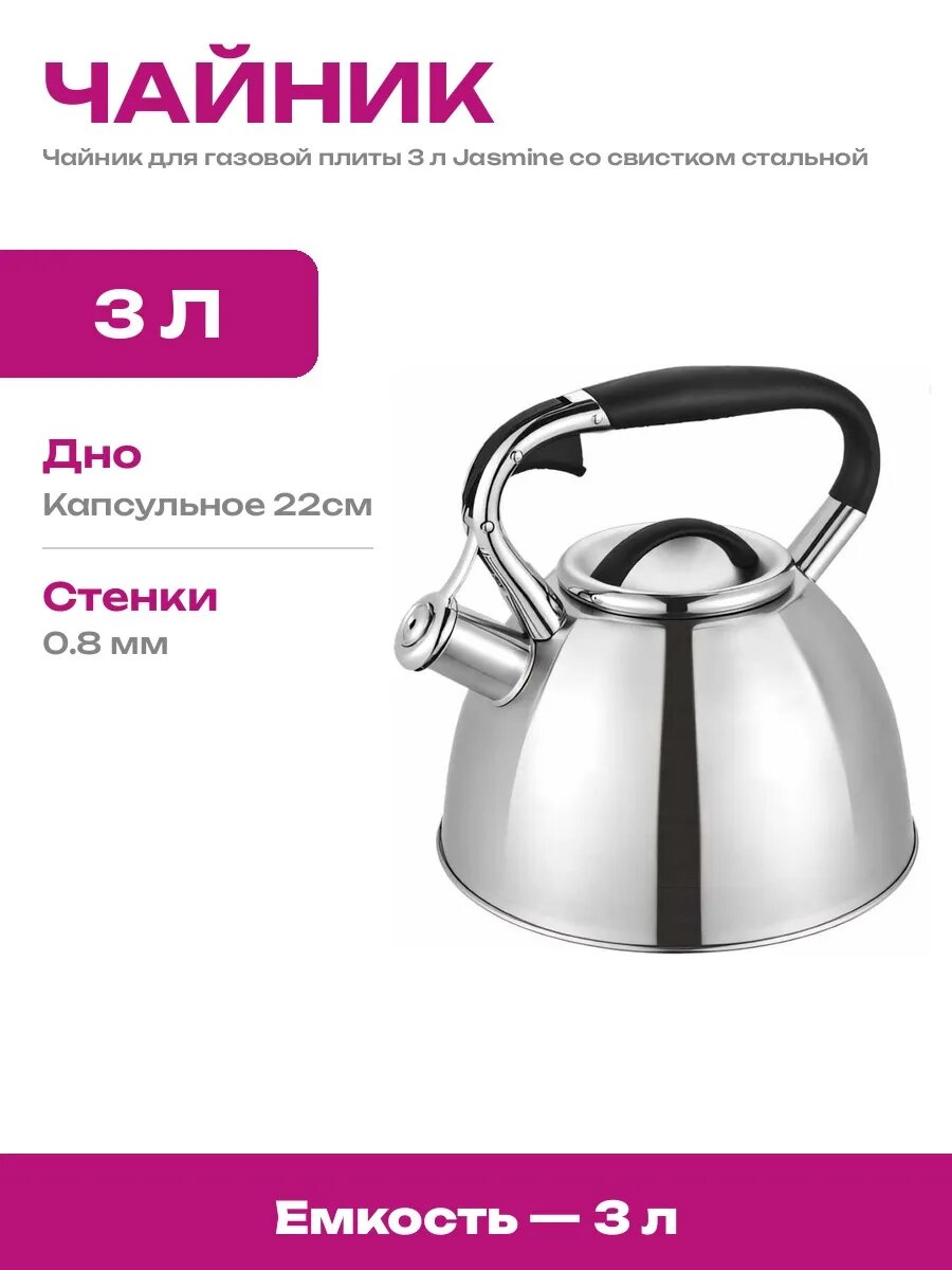 Чайник со свистком 3 л Jasmine стальной из нержавеющей стали