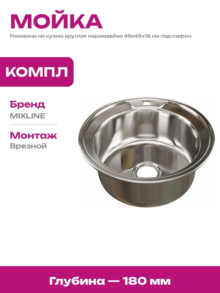 Раковина круглая врезная нержавеющая сталь 49х49х18 см сифон