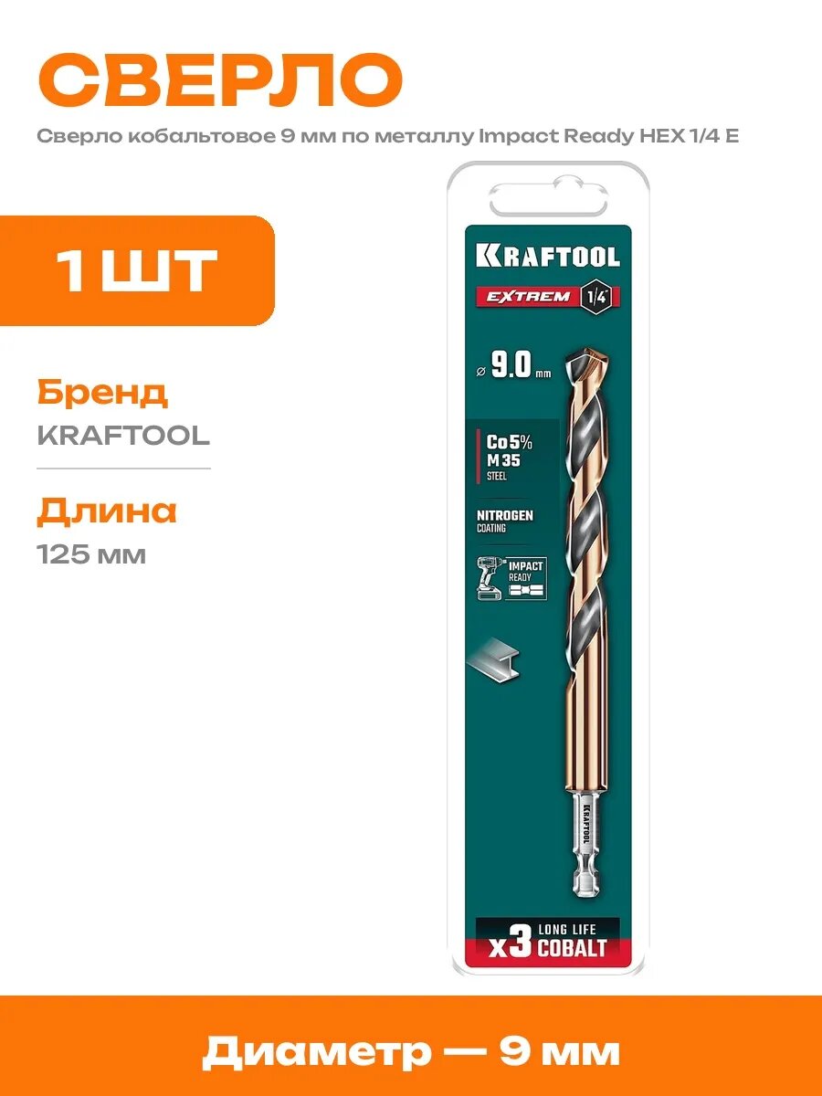 Сверло по металлу 9 мм класс А с шестигранным HEX 125 мм