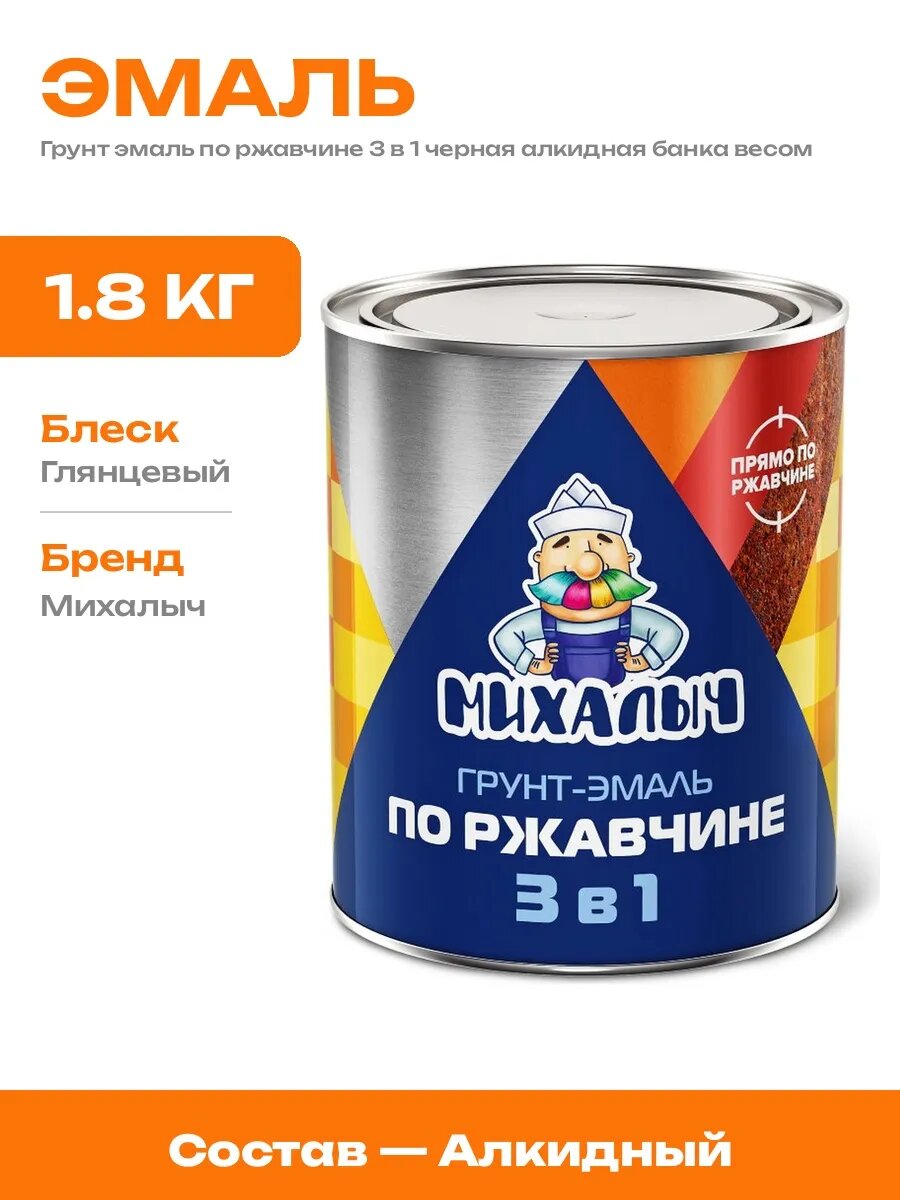 Грунт эмаль по ржавчине 3 в 1 черная влагостойкая весом 1.8