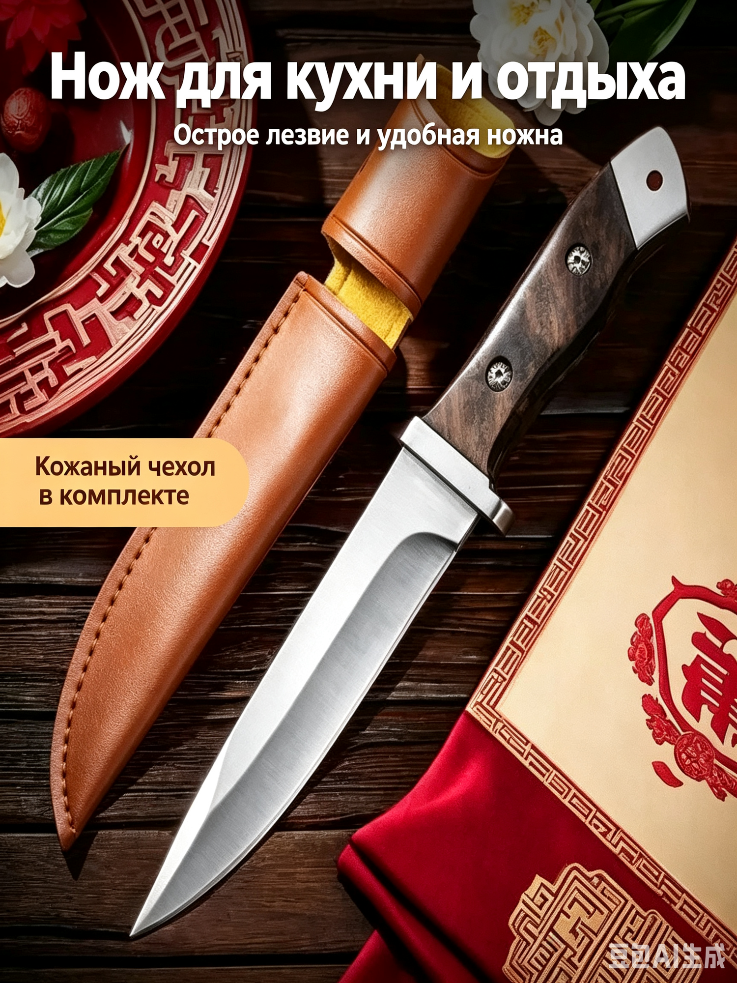 Универсальный Разделочный Нож 225 Мм, Деревянная Ручка, Кожаный Чехол, Для Нарезки Мяса, Рыбы