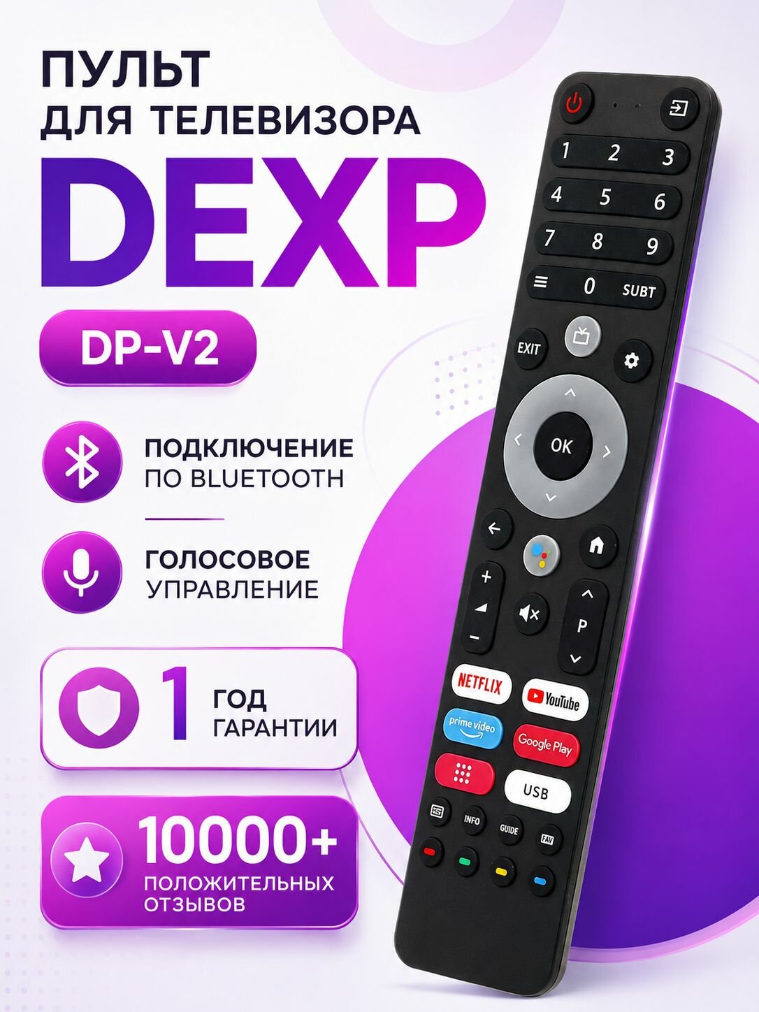 Голосовой пульт DP-V2 HBT028 для телевизоров DEXP, Viomi, Aceline Smart TV, Bluetooth универсальный для ТВ по Bluetooth