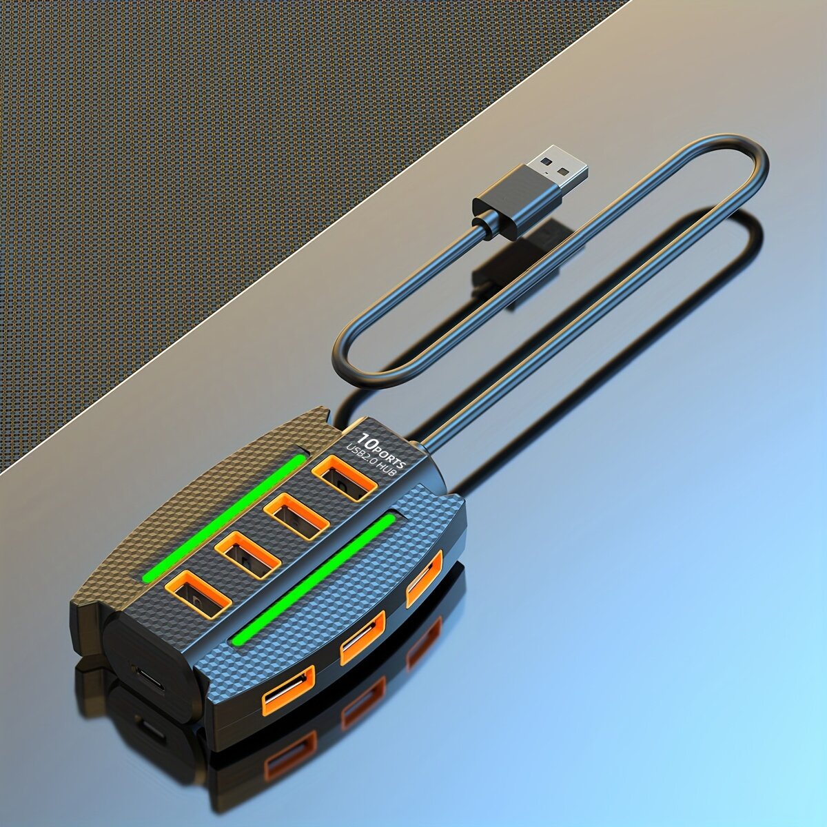 USB 2.0 хаб-разветвитель на 10 портов с RGB-подсветкой, высокоскоростная передача данных, Plug and Play, макс. рабочее напряжение 36 В, для компьютера, чёрный