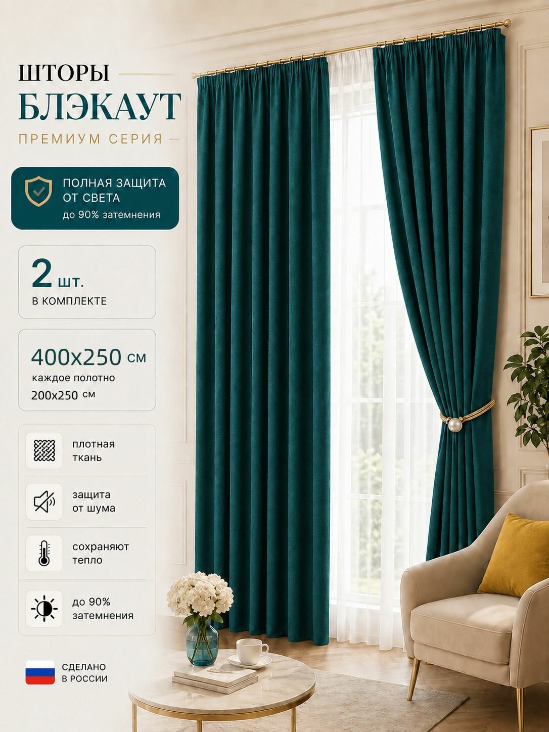 Бирюзовые шторы блэкаут 200×250 см комплект из 2 шт, плотные затемняющие портьеры