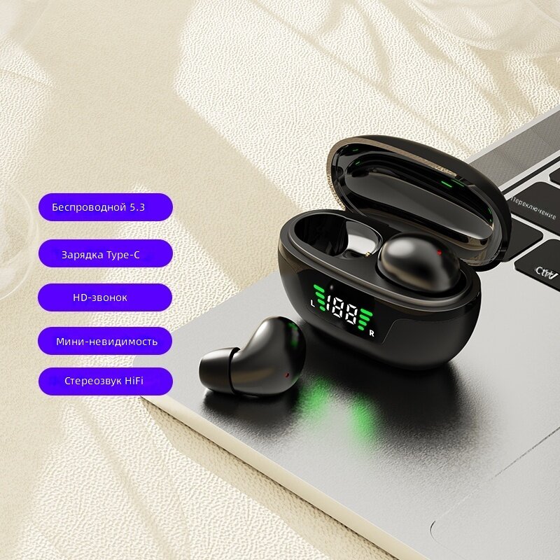 Беспроводные мини-наушники-вкладыши, компактные, с разъёмом USB-C, чёткая связь благодаря микрофону высокой чёткости, аккумулятор Li-pol, стиль «открытые наушники», для спорта, чёрные