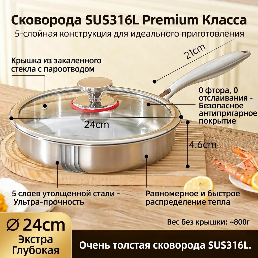 Сковорода для оладий 24 см с крышкой 1 шт нержавеющая сталь