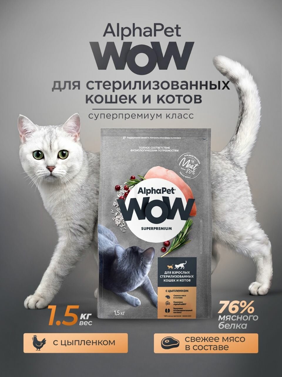 Сухой корм для стерилизованных кошек и котов AlphaPet WOW Superpremium полнорационный с цыпленком, 1,5 кг