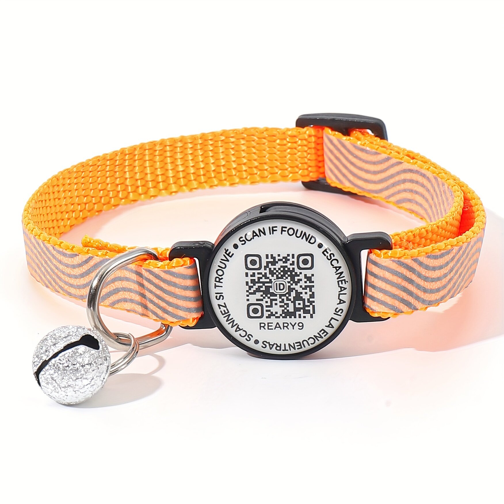 Светоотражающий нейлоновый ошейник с QR-кодом и колокольчиком для кошек и маленьких собак, неоновый полосатый, оранжевый, регулируемый