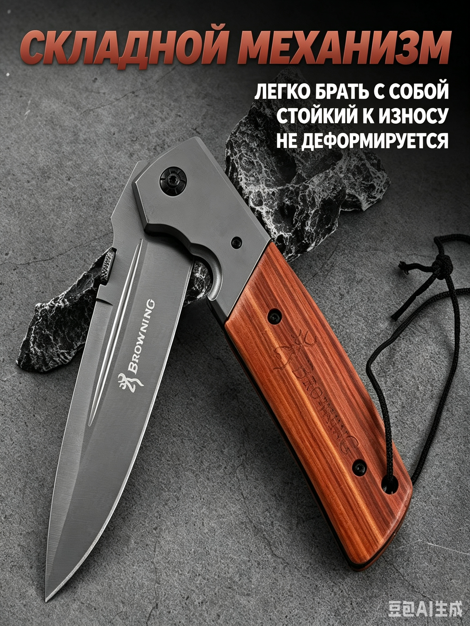 Складной туристический нож Browning, лезвие сталь 3CR13 толщиной 3 мм, острый, деревянная ручка