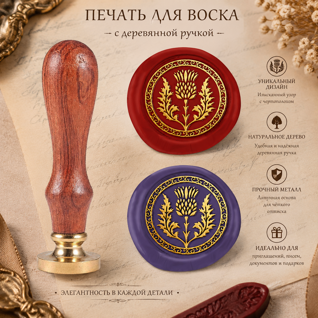 Печать для сургуча Цветок, деревянная ручка, латунный штамп для писем, приглашений, открыток и подарков