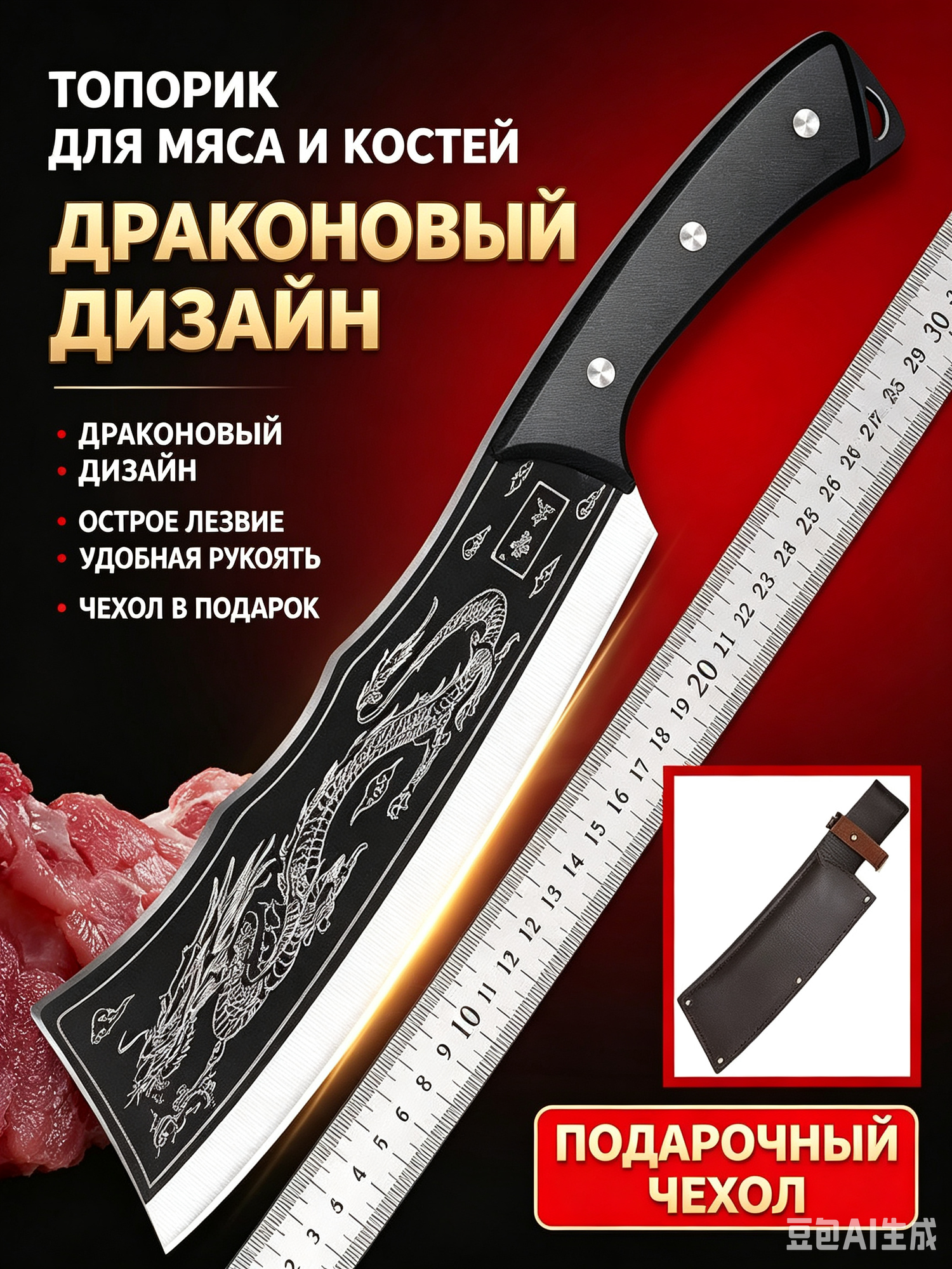 Поварской нож для рубки мяса и костей, черное лезвие с гравировкой дракона, противоскользящая ручка
