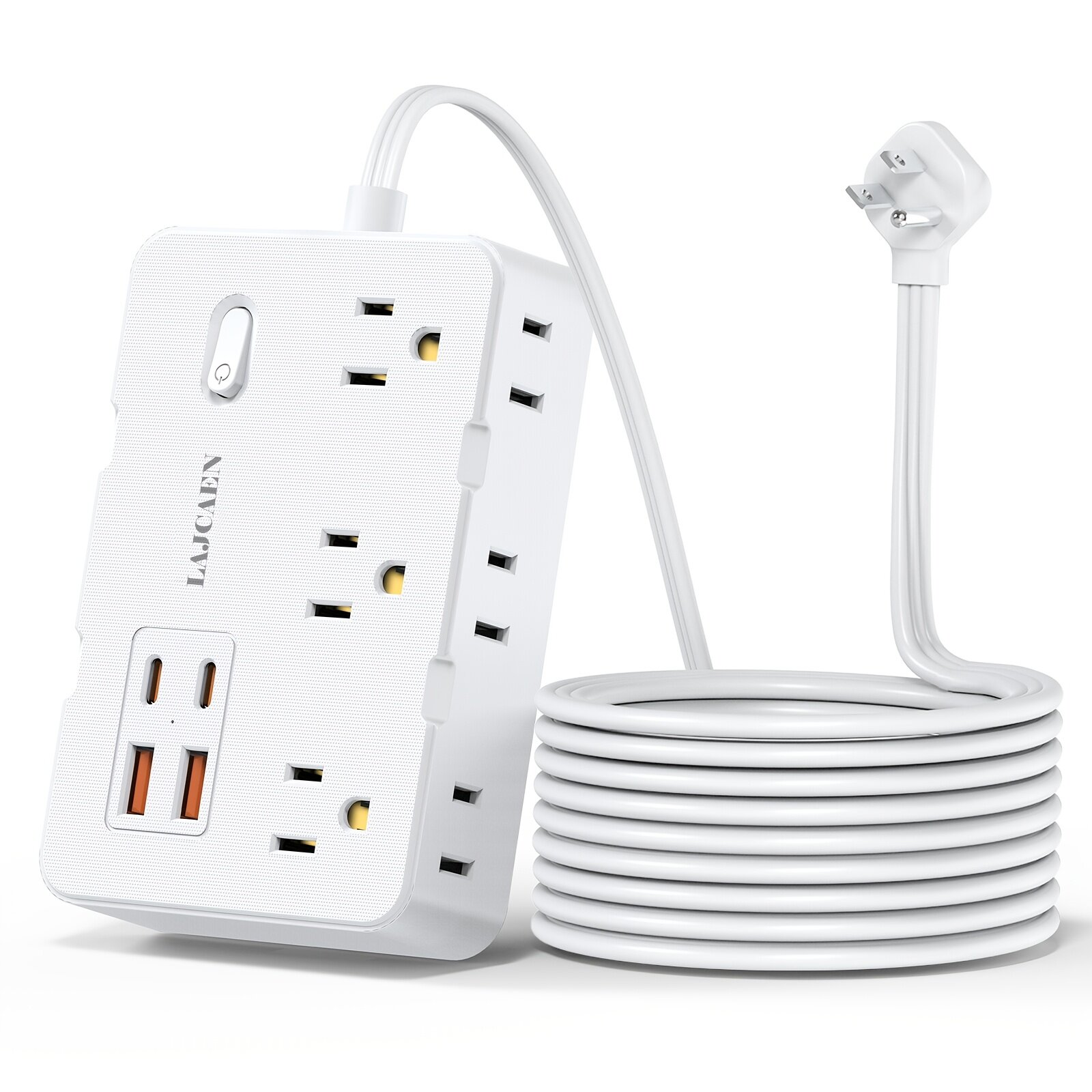 Сетевой фильтр-удлинитель 10 в 1 с плоской вилкой, 6 розеток и 4 USB-порта (2 USB-A + 2 USB-C), защита от перенапряжения, ультратонкий кабель 5 футов, белый