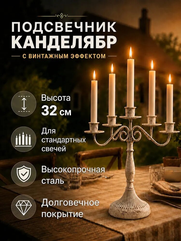 Канделябр винтажный на 5 свечей подсвечник белый, патина, декор Прованс