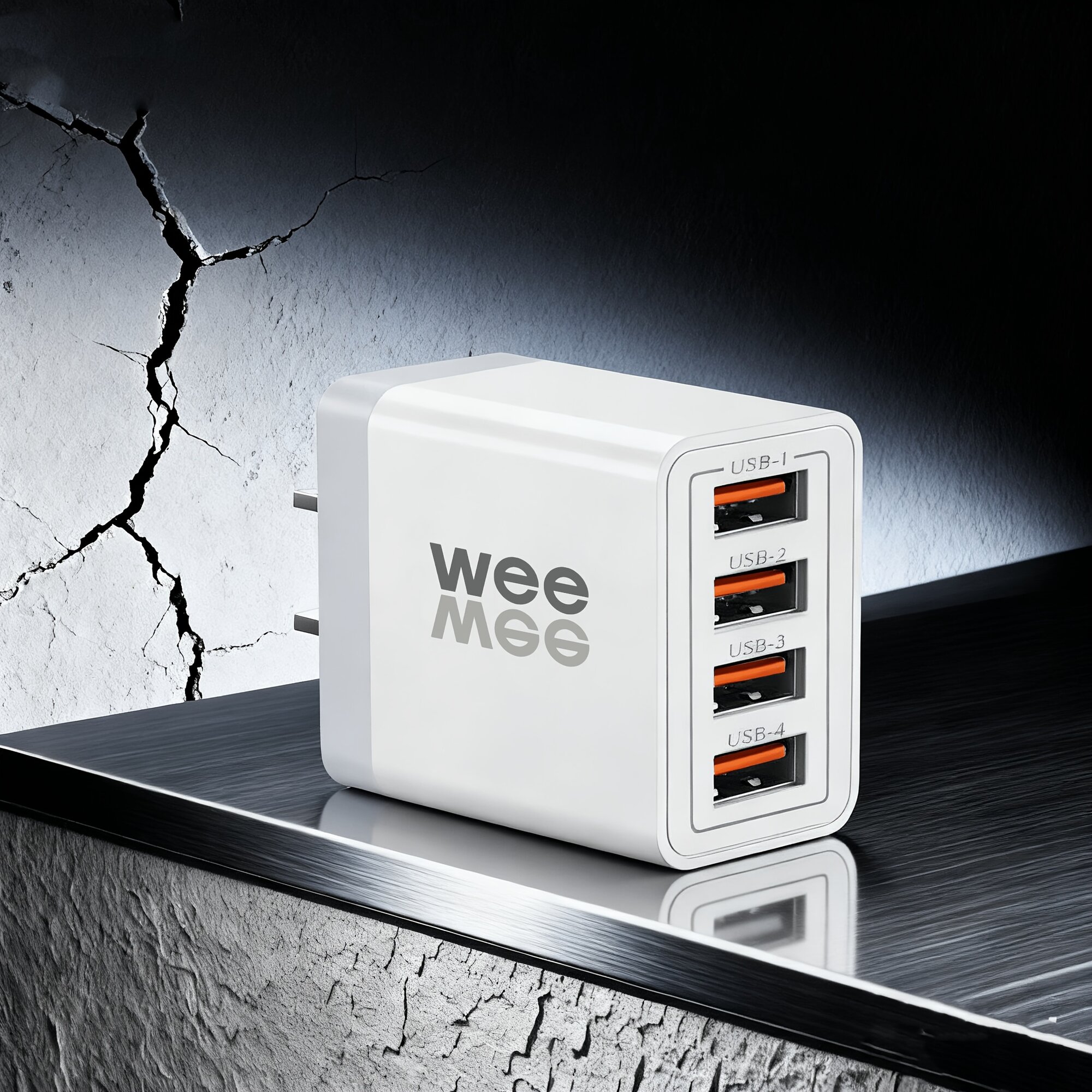 Оранжевое 4-в-1 многопортовое зарядное устройство USB-A, 10 Вт, компактный размер 1.85×2.36×1.18 дюйма для iPhone, планшетов, Galaxy и других устройств