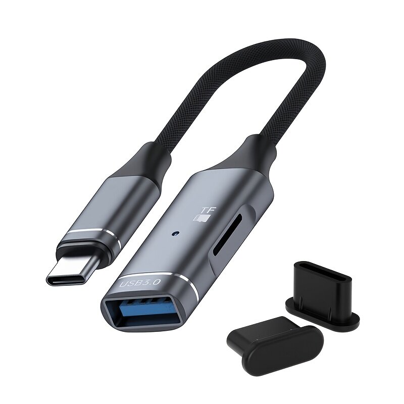 Набор USB 3.0 OTG адаптер-кардридер для TF-карт и 2 заглушки от пыли, 3 шт, серебристо-белый