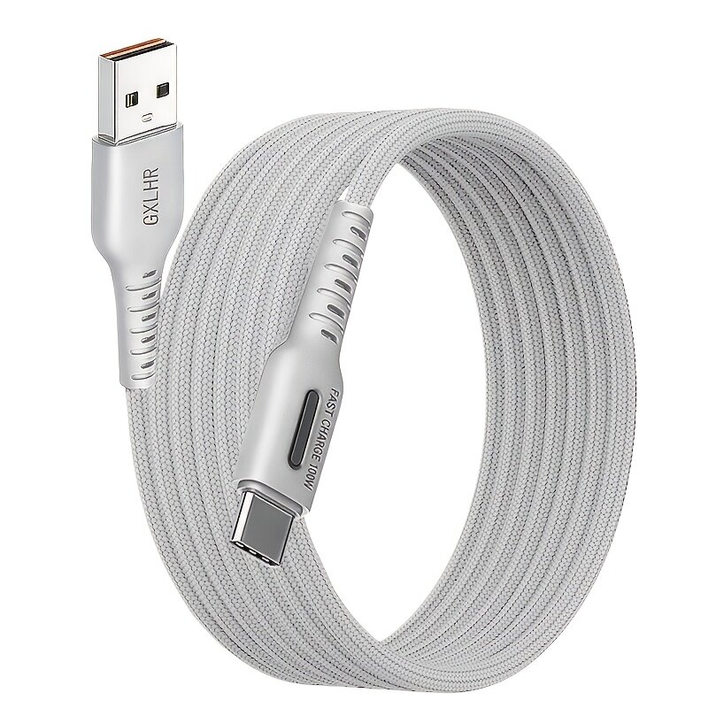 Кабель USB-A - Type-C быстрой зарядки 100W, нейлоновая оплетка, серебристый, 1 м, для iPhone 15/16/17, Samsung S23/S22 Ultra, OnePlus, MacBook и ноутбуков