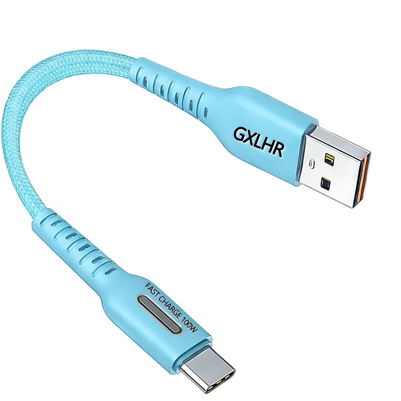 Кабель USB-A - Type-C 100W быстрой зарядки, нейлоновая оплетка, синий, длина 30 см, для iPhone 15/16/17, Samsung S23/S22 Ultra, OnePlus, MacBook, ноутбуков