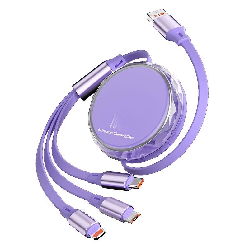 Втягивающийся быстрозарядный кабель для телефона, поддержка Lightning/Android/Type-C, для зарядки в автомобиле и передачи данных, фиолетовый