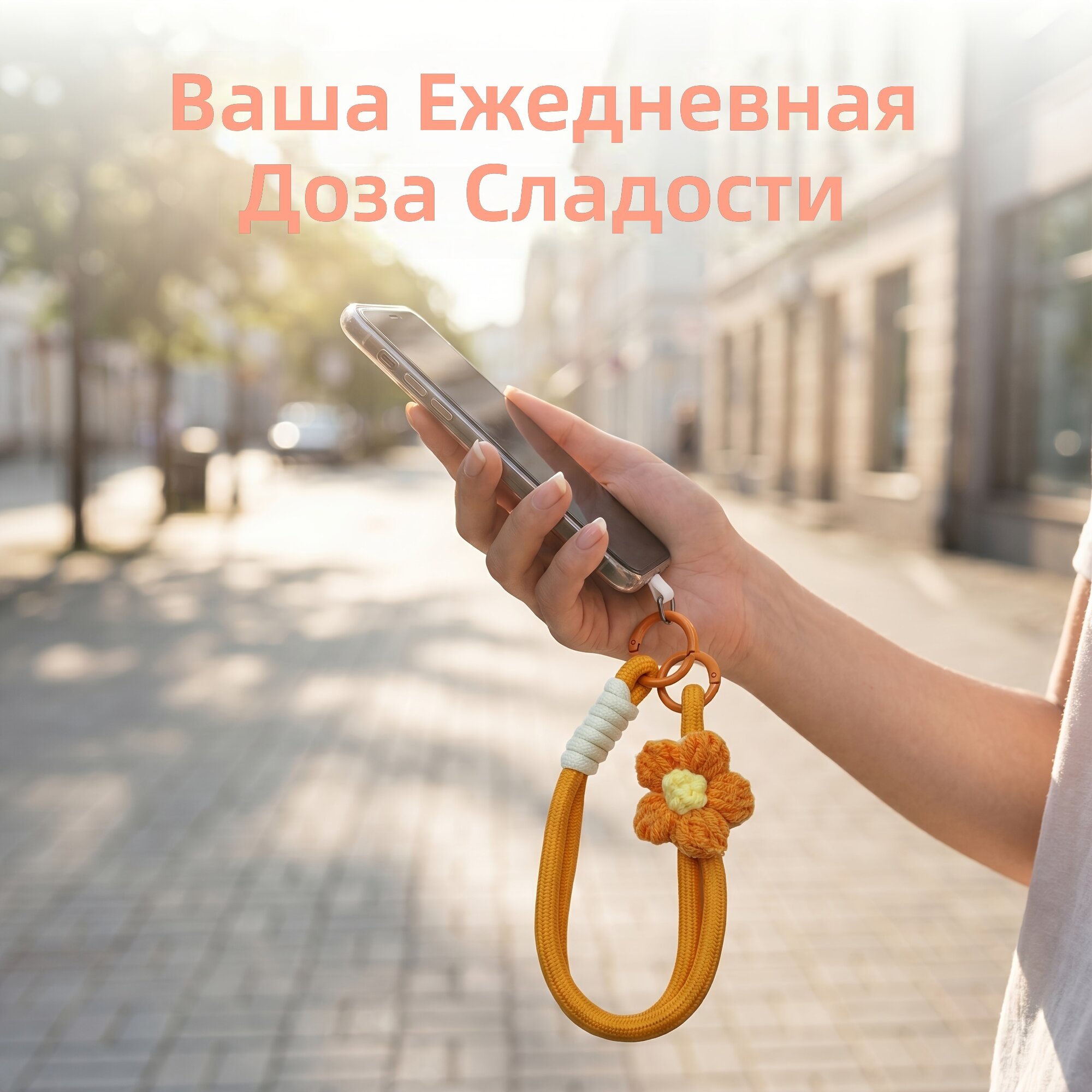 Брелок для телефона в виде 3D цветка связанного крючком оранжевый с мягким шнурком и надежным креплением