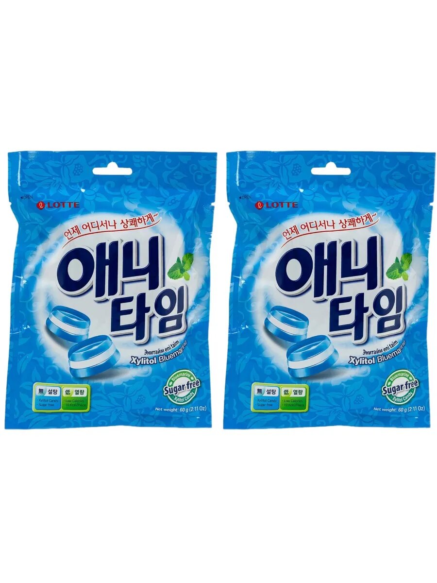 LOTTE Anytime Леденцы без сахара со вкусом освежающей мяты, 2 уп по 60 г