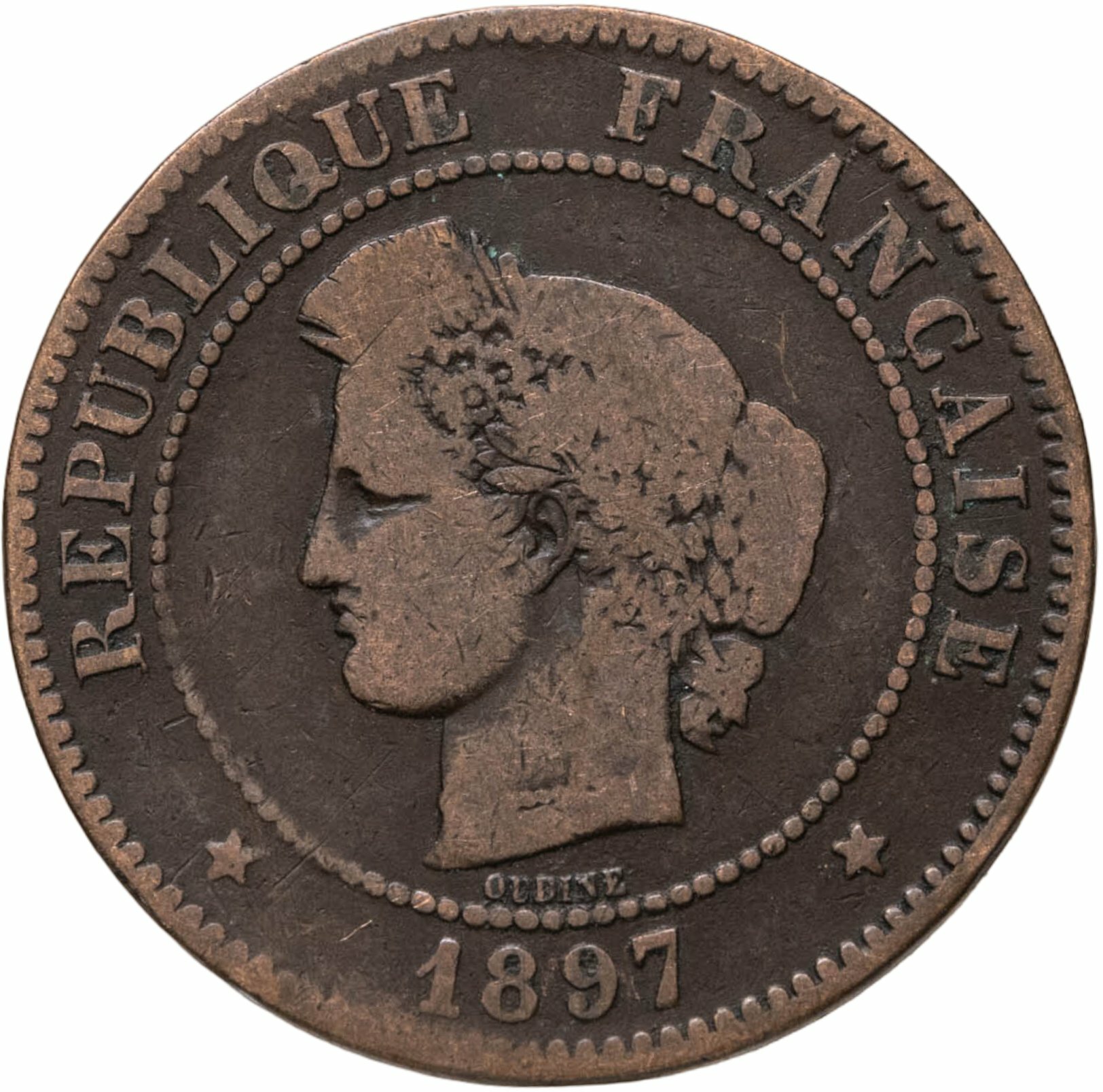 Франция 5 сантимов 1897, Бронза, в сохранности F-VF