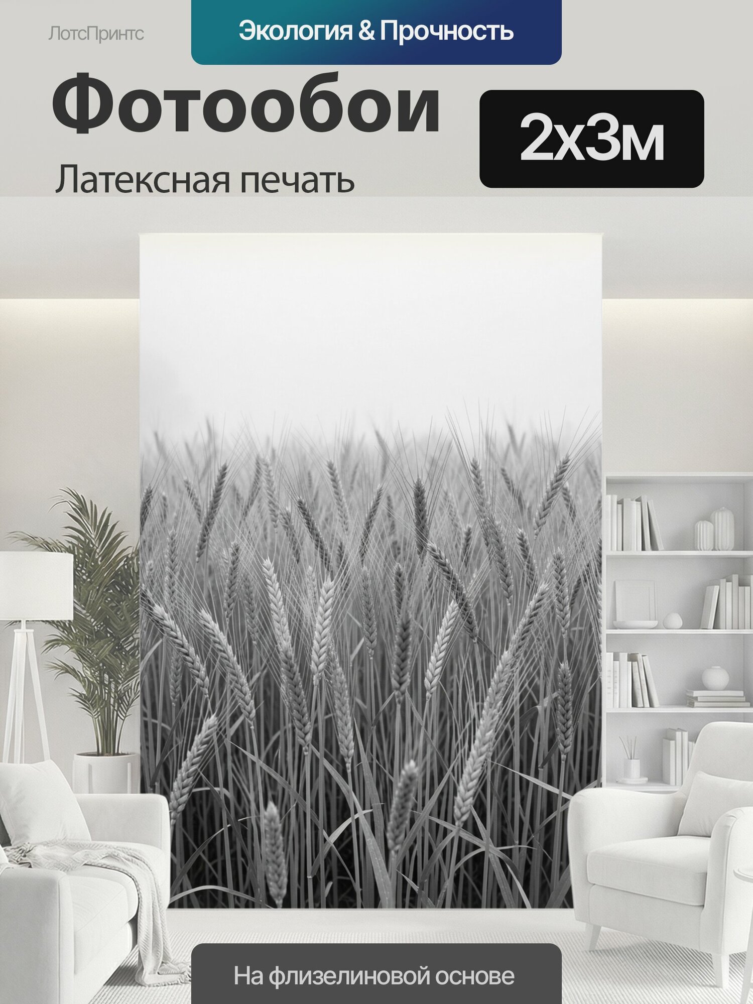 Фотообои моющиеся ударопрочные "Пшеничное поле в серо-белых тонах. Колосья пшеницы на фоне дымки, монохромная фотореалистичная фактура. Холодные." 200x300 см. латексная печать
