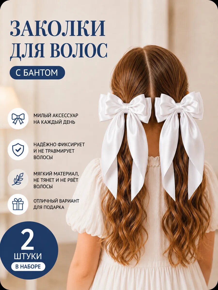 Набор заколок большой белый бант школьный праздничный 2 шт