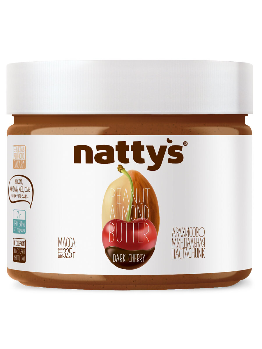 Nattys Шоколадная паста без сахара с орехами и вишней, 325 гр
