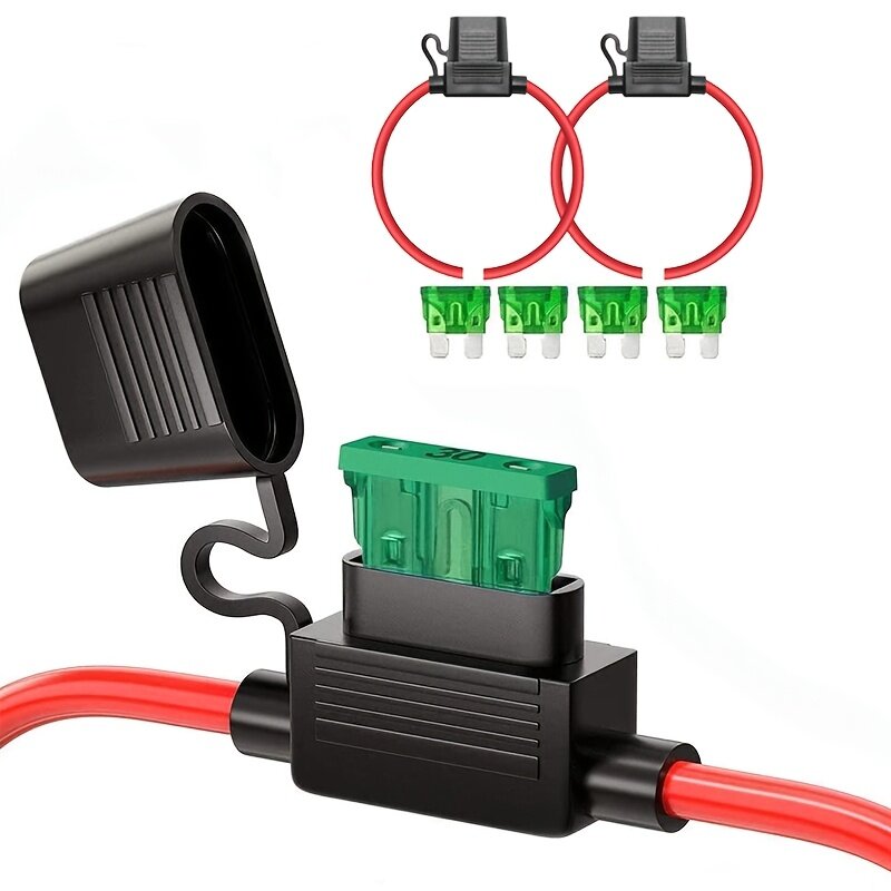Набор: 2 держателя предохранителя инлайн 10AWG (средний цоколь) + 4 предохранителя ATC/ATO 30A для автомобилей, лодок, гольф-каров и освещения