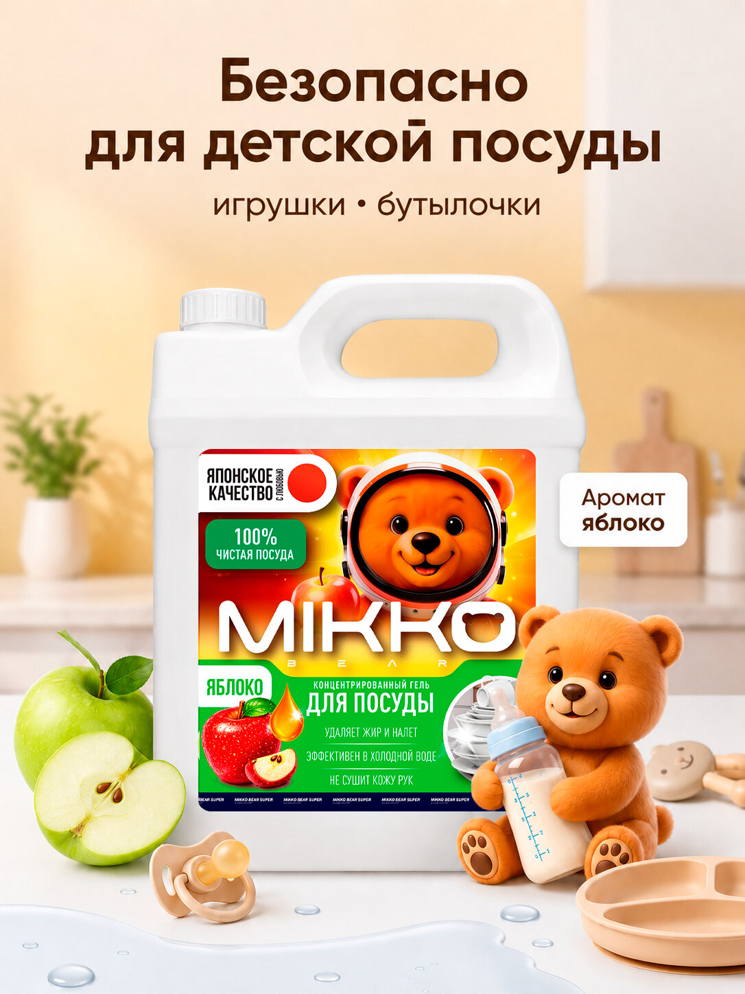 Моющее средство для ручного мытья посуды против жира, гипоаллергенный эко гель для мытья посуды, MIKKO BEAR Яблоко гипоаллергенное средство эко-гель яблочный