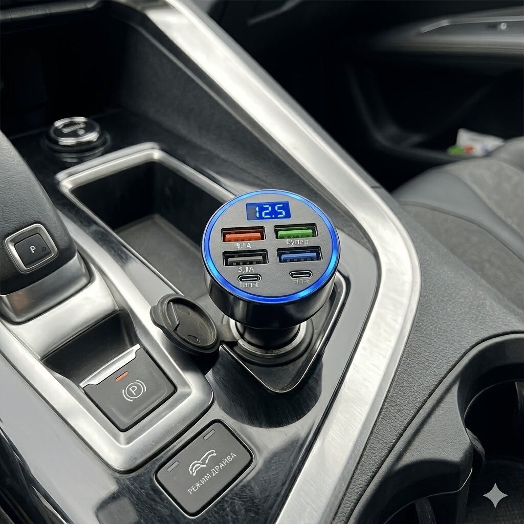 Автомобильное зарядное устройство 6-в-1, быстрая зарядка, 4 USB + 2 Type-C, QC3.0, цифровой дисплей с матовой текстурой, черный