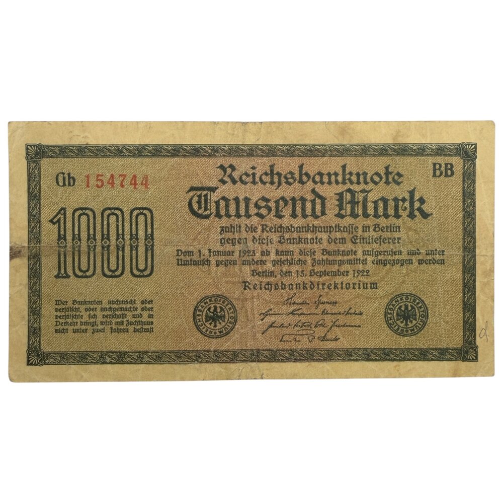 Веймарская республика (Германия) 1000 марок 1922 г. (ВЗ - Шипы, I) (Литера BB) (Серия Gb)