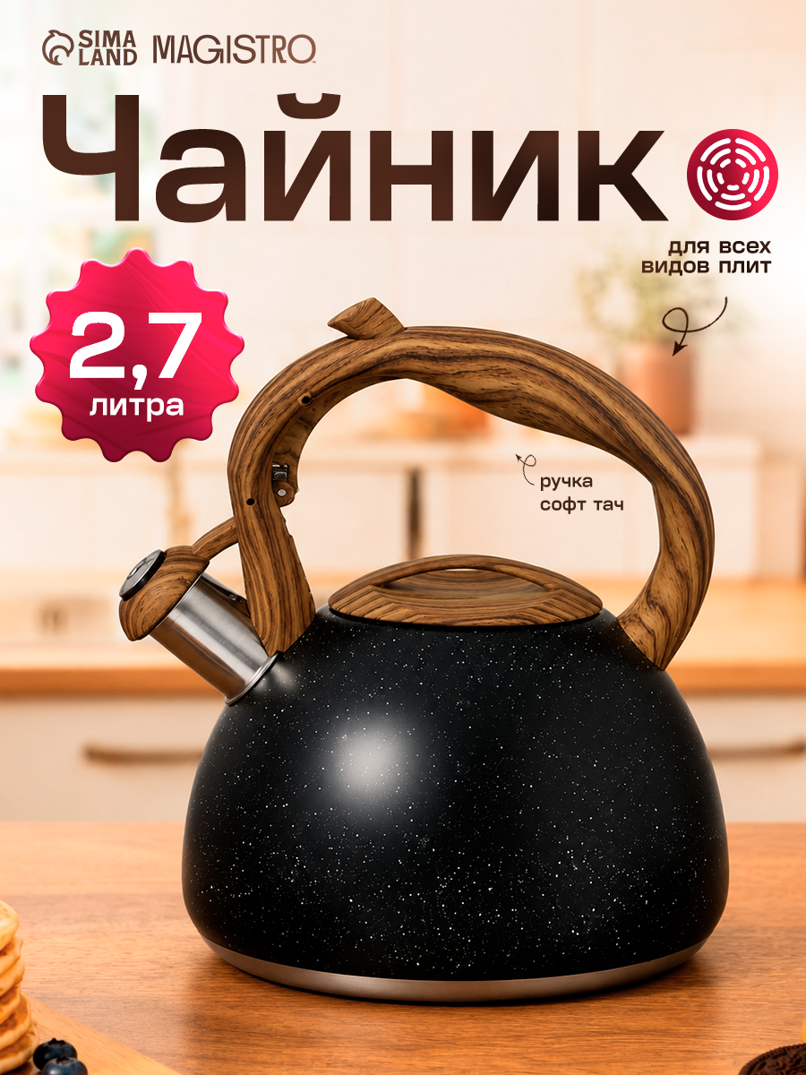 Чайник со свистком из нержавеющей стали Magistro Stone, 2,7 л, ручка soft-touch, индукция, цвет чёрный