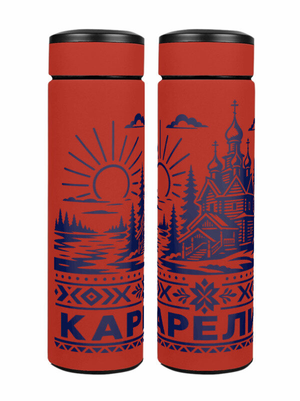 Термос «Карелия. Пейзаж, природа, Россия. Озеро, лес, храм» (красный)