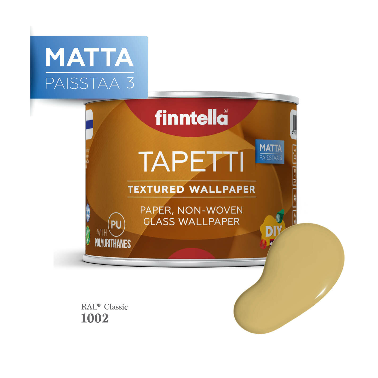 Матовая краска для обоев под окраску TAPETTI Matta FINNTELLA, Цвет RAL 1002 Песочно-желтый (Sand yellow), 0,45л