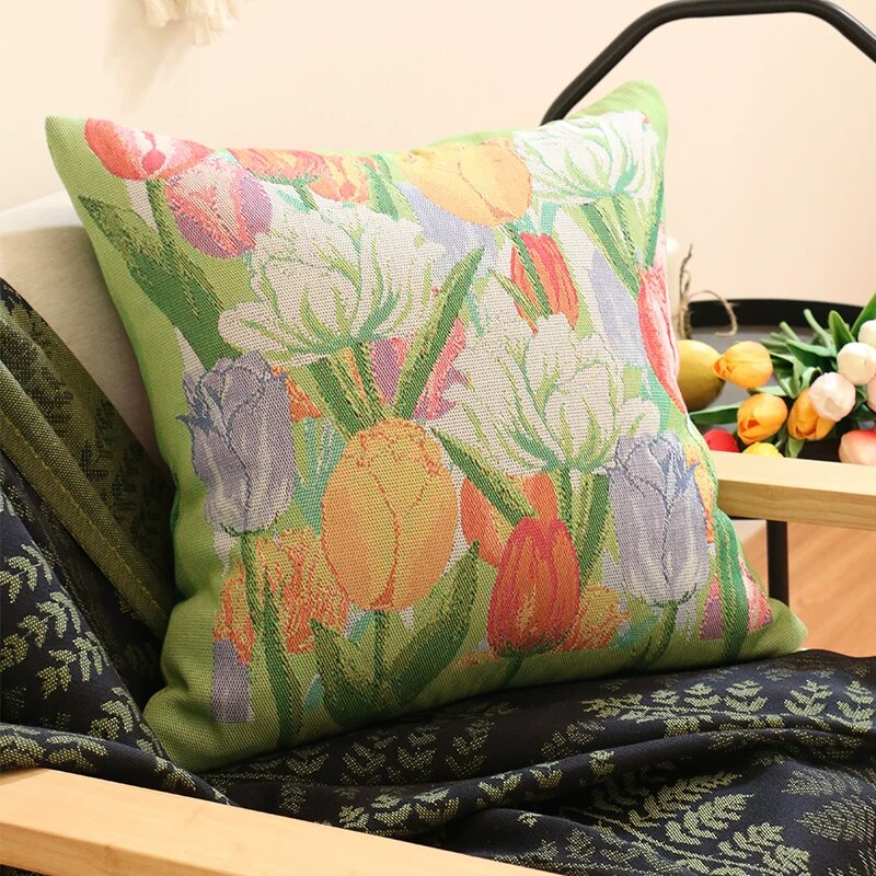Viskahome Тюльпан Подушка 45x45см 100% Хлопок Вышитая Подушка с Наполнителем для Дивана, Изголовья, Обеденного Стула