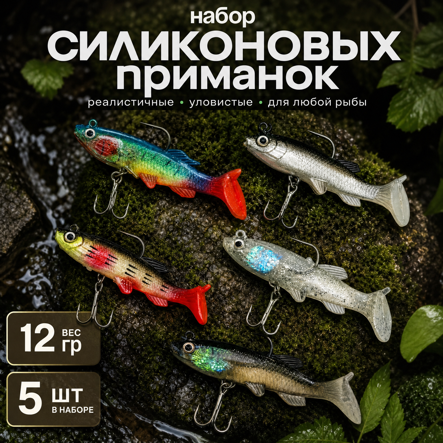 Силиконовые приманки / Набор для рыбалки / Виброхвост 5шт / Подарочный кейс (Вес: 12 г; Цвет: мультиколор)