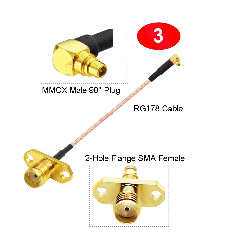 Кабель MMCX-SMA RG178, 10 шт./лот, с 2-контактным фланцем, RP-SMA/SMA (гнездо) на MMCX (штекер), прямой/угловой 90° ° Коаксиальный RF-кабель-перемычка