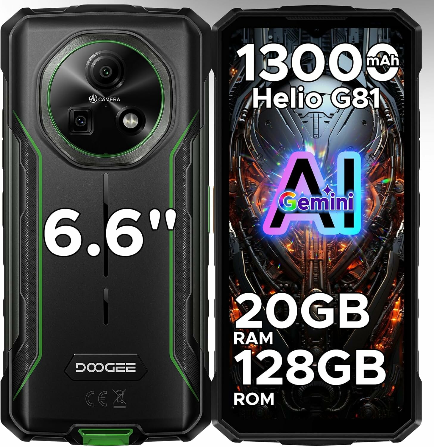 Защищенный смартфон DOOGEE Fire 5 Pro, 13000 мАч, 20 (4+16) ГБ 128 ГБ, 6,6-дюймовый HD-экран.