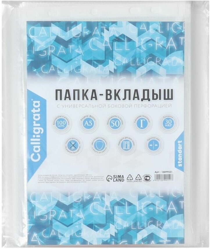 Файл-вкладыш горизонтальный прозрачный Calligrata для скоросшивателей, глянцевые перфофайлы, вкладыши мультифора с боковой перфорацией, файлики плотные для бумаги, формат А5, 30мкм, набор 100 шт