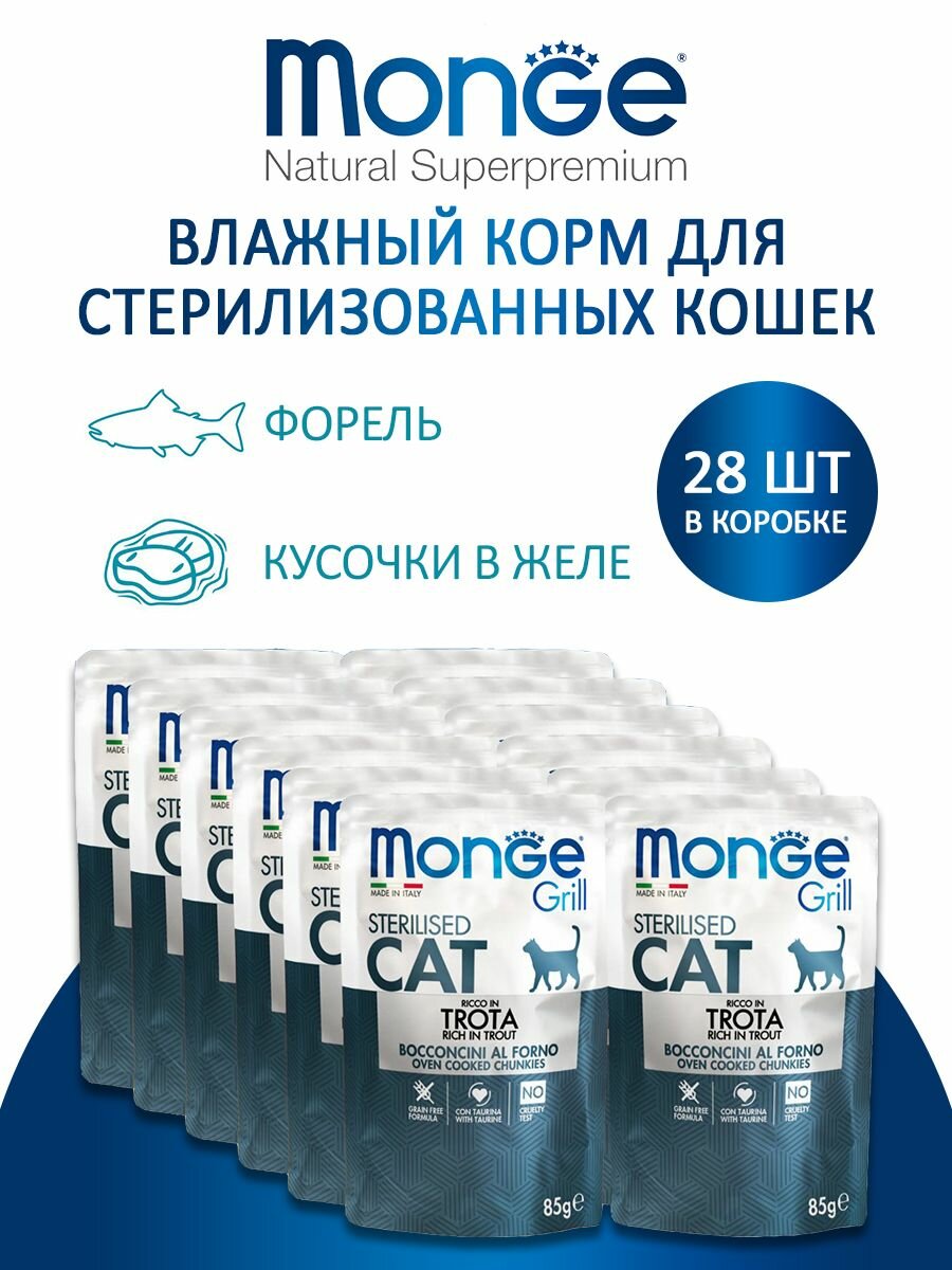 Влажный корм Monge Cat Grill для стерилизованных кошек, с форелью, паучи 28 шт х 85 г