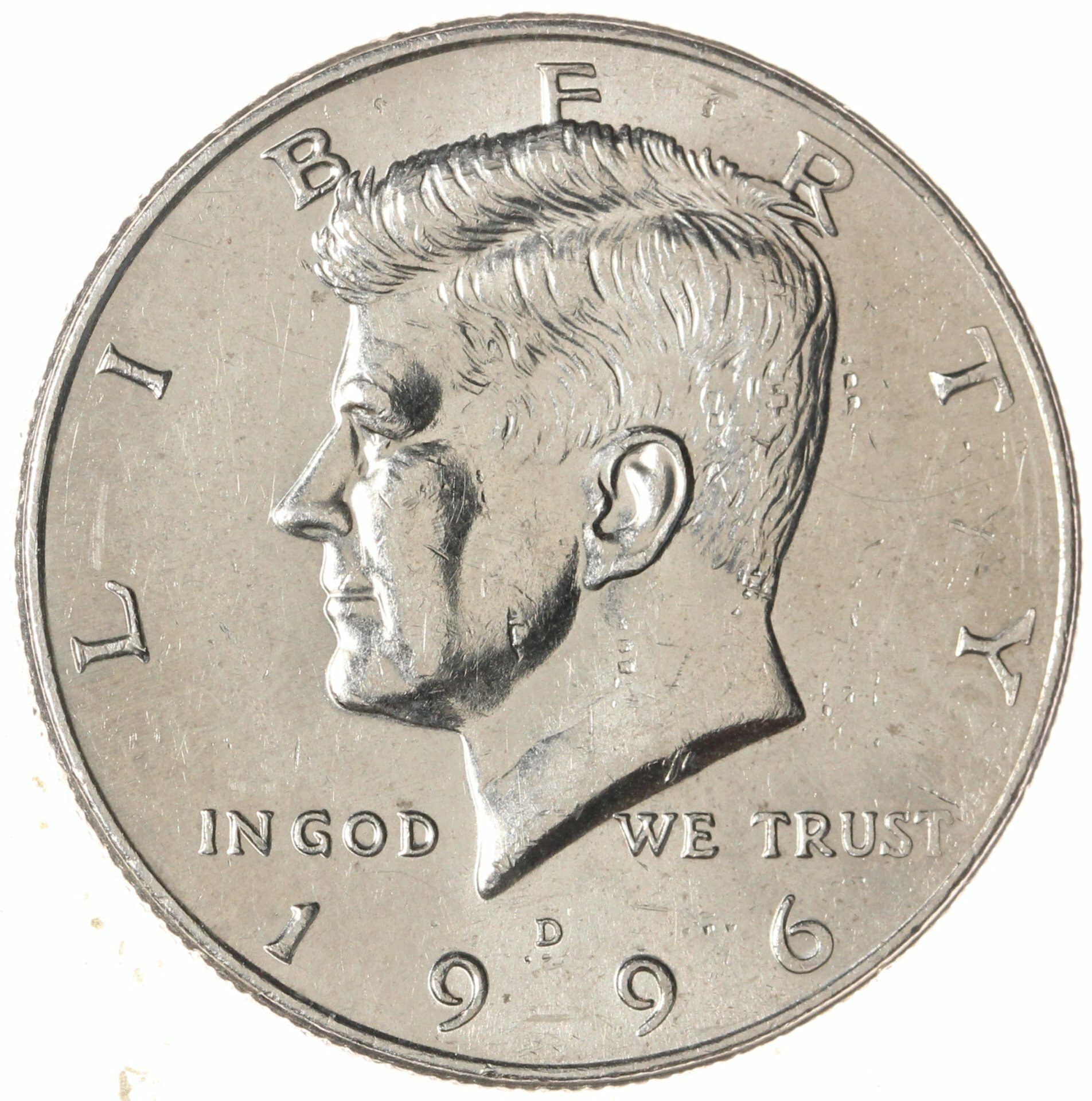 США 50 центов 1/2 доллара, half dollar 1996 D Kennedy Half Dollar Кеннеди знак монетного двора "D", Медь, покрытая медно-никелевым сплавом, в сохранности AU