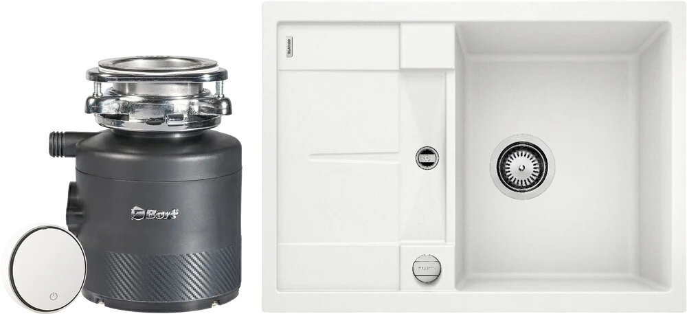 Комплект Мойка Blanco Metra 45S Compact 519576 68x50, белая, искусственный гранит / Измельчитель Bort Alligator X электрический, нержавеющая сталь
