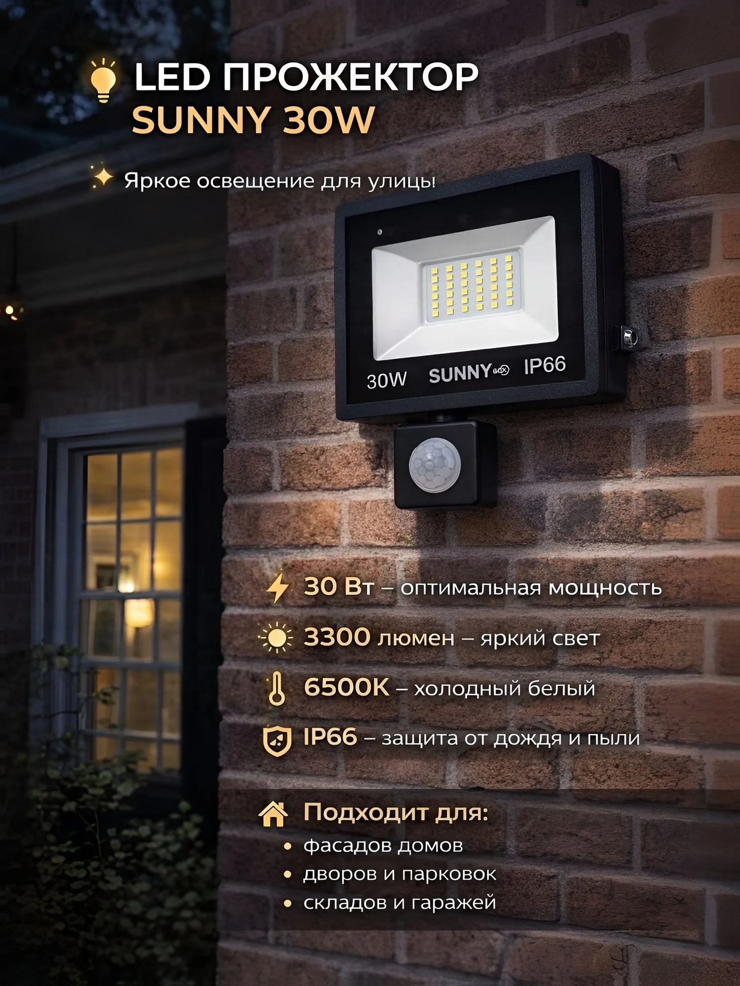 Светодиодный прожектор с датчиком движения SUNNY Box 30W IP66