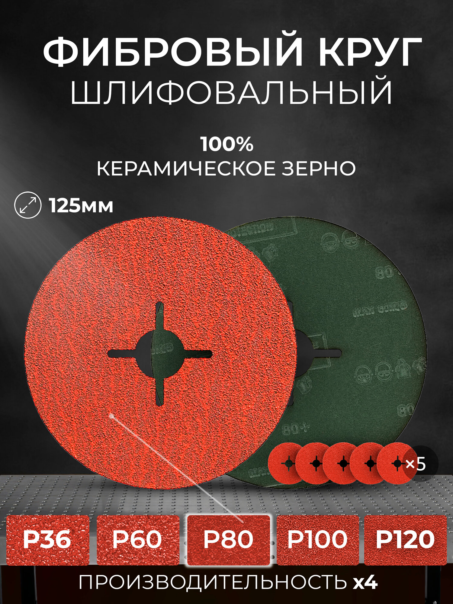 125мм Р80 Фибровый шлифовальный круг (5шт.) SCAR SMOOTH для работ по металлу с керамическим зерном шлифовка металла керамический абразив