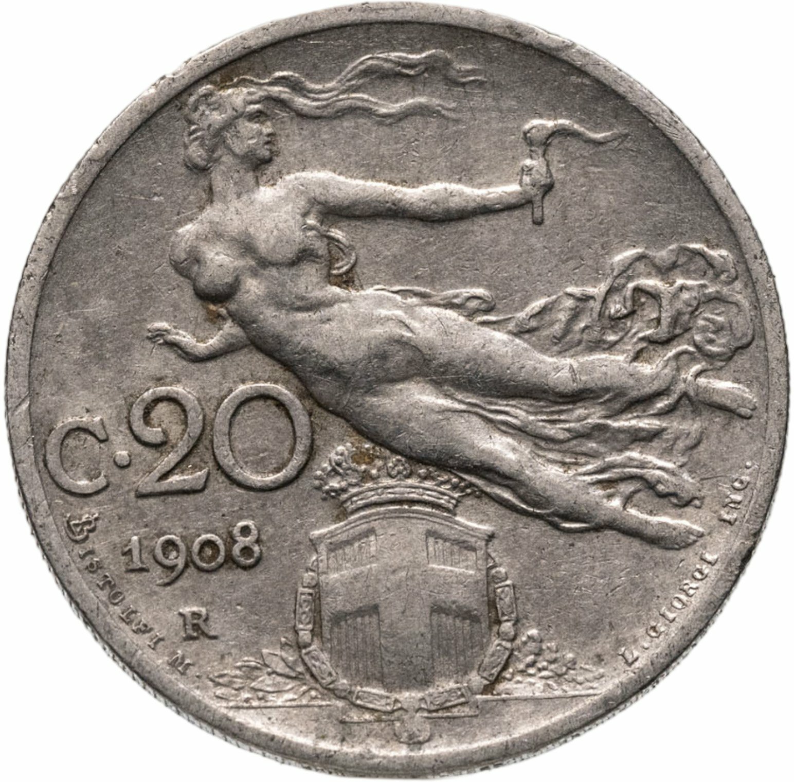 Италия 20 чентезимо centesimi 1908, Никель, в сохранности VF-XF