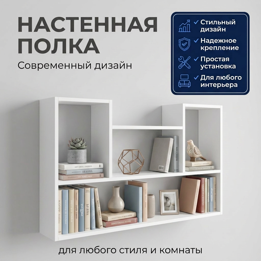 Полка настенная для книг и декора, ЛДСП 90х16х95см