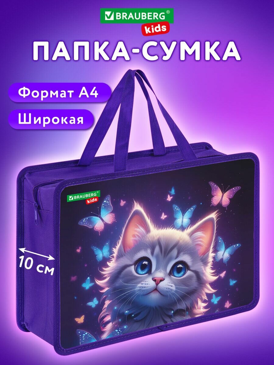 Папка сумка для тетрадей, труда, рисования и изо А4 для девочки на молнии с ручками, канцелярия для школы, 1 отделение 100 мм пластик, Brauberg Kids Curious cat школьная папка пластиковая сумка