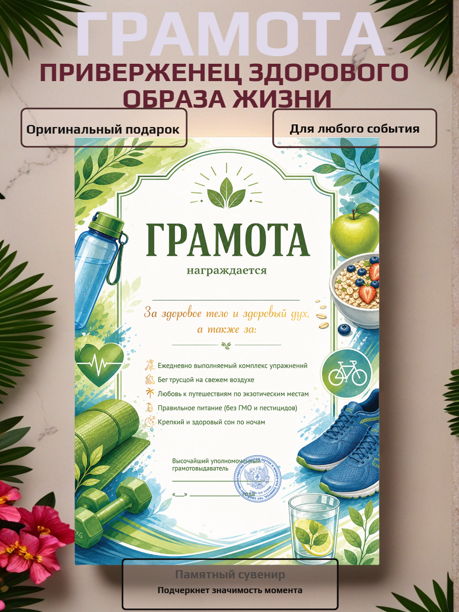 Грамота открытка поздравительная "Приверженец здорового образа жизни", А4