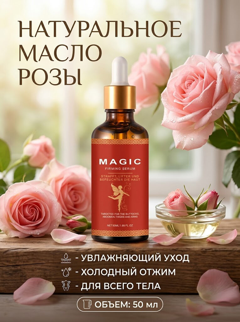 Натуральное масло розы для тела, увлажняющий уход, холодный отжим, 50 мл